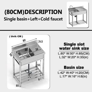 Outdoor utility commercial garage sink,Indoor kitchen Stainless Steel sink,with faucet,with storage rack,1 Compartment,Wear-resistant and smooth, large capacity,for restaurant,Basement. (Size : 80CM+