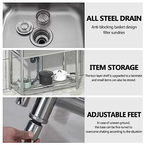 Indoor kitchen Stainless Steel sink,Outdoor utility garage sink,commercial sink with faucet,with storage rack,1 Compartment,Wear-resistant and smooth, large capacity,for restaurant,Basement. (Size :