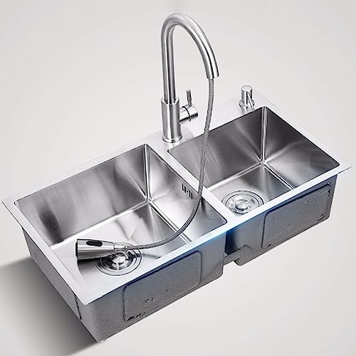 Catering Sink Commercial Stainless Steel Double Bowl Unit,Household Undermount Sink,with Pull-Out Faucet, Clean Water Faucet