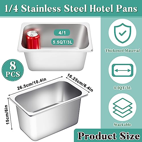 Jinei 1/4 Size 6 Inch Deep Hotel Pans 201 Stainless Steel Pan Quarter Commercial Food Pans Metal Steam Table Pan for Kitchen Restaurant Buffet Party Supplies (8 Pcs)