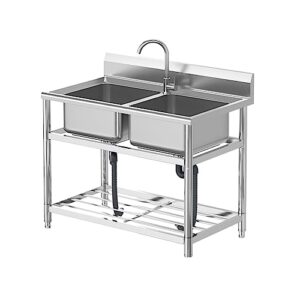 utility sink, freestanding stainless steel sink, small stainless steel sink, portable sink, outdoor sink station with hose hook up, for restaurant, cafe, bar, hotel, garage (color : hot and cold)