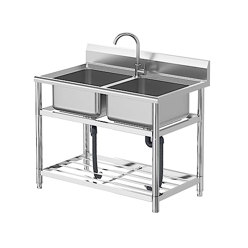 Utility Sink, Freestanding Stainless Steel Sink, Small Stainless Steel Sink, Portable Sink, Outdoor Sink Station With Hose Hook Up, For Restaurant, Cafe, Bar, Hotel, Garage (Color : Hot and cold)