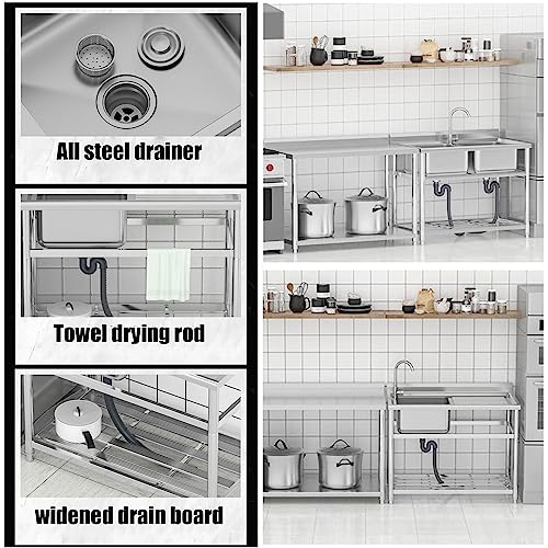 Utility Sink, Freestanding Stainless Steel Sink, Small Stainless Steel Sink, Portable Sink, Outdoor Sink Station With Hose Hook Up, For Restaurant, Cafe, Bar, Hotel, Garage (Color : Hot and cold)