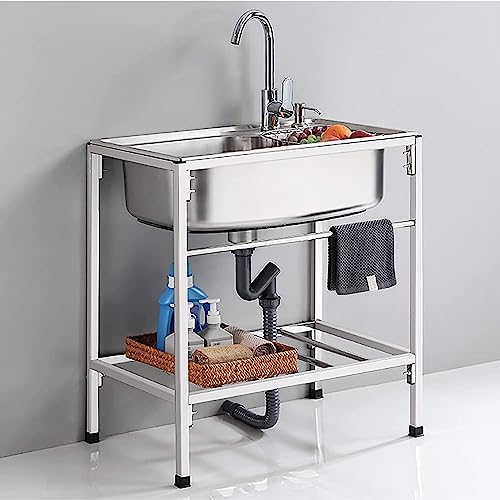 Free Standing Stainless Steel Single Bowl Utility Sink Commercial Restaurant Kitchen Sink with Faucet Indoor Outdoor Wash Basin