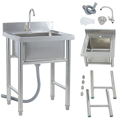 Free Standing Kitchen Sink, Stainless Steel Single Bowl Commercial Sink Portable Outdoor Sink with Faucet for Garage, Restaurant, Laundry Room