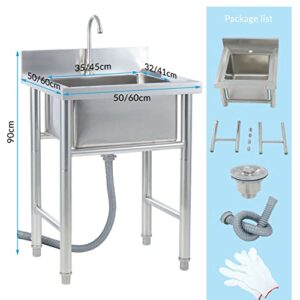 Free Standing Kitchen Sink, Stainless Steel Single Bowl Commercial Sink Portable Outdoor Sink with Faucet for Garage, Restaurant, Laundry Room