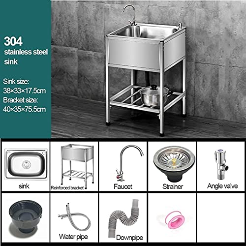 Commercial Sink Kitchen Wash Basin Stainless Steel 1 Compartment with Faucet Hygienic Robust for Outdoor Indoor Garage Kitchen Laundry Single bowl Sinks, 0.8mm Thick, 40×35×75.5cm