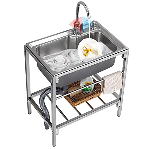 Stainless Steel Kitchen Sink With Bracket Commercial Restaurant Sink Set With Hot And Cold Faucet Large Single Bowl Sink For Laundry Room Rear Outdoor Garage