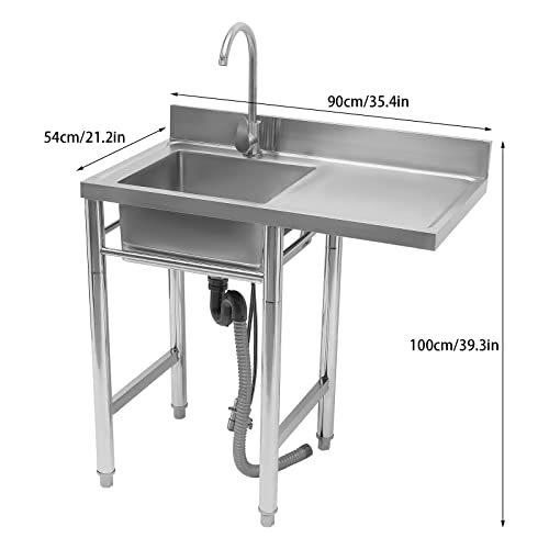 1 Compartment Stainless Steel Kitchen Sink，Free Standing Single Bowl Commercial Sink，for Outdoor Indoor, Kitchen,Garage, Restaurant,Laundry/Utility Room(35.4" W x 21.2" D x 39.3" H)