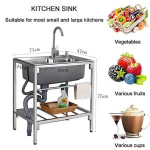 Stainless Steel Sink, 68 * 44cm Catering Sink, All-in-One Standing Utility Wash Basin single Bowl 304 Stainless Steel Catering Free Standing 1 Compartment for Restaurant Kitchen Laundry Garage