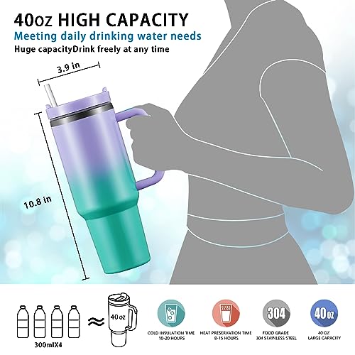 TEAMVV 40 oz Tumbler with Handle and Straw Stainless Steel Vacuum Insulated Tumbler Tea or Iced Coffee Mug for Hot or Cold Beverages 40 oz Tumbler with Handle(Fairyland Green)