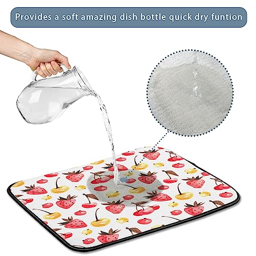 Strawberries Cute Cherry Fruit Drying Mat for Kitchen Art Dishes Pad Dish Drainer Rack Mats Absorbent Fast Dry Kitchen Accessories (18''x24'')