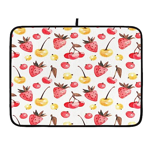 Strawberries Cute Cherry Fruit Drying Mat for Kitchen Art Dishes Pad Dish Drainer Rack Mats Absorbent Fast Dry Kitchen Accessories (18''x24'')