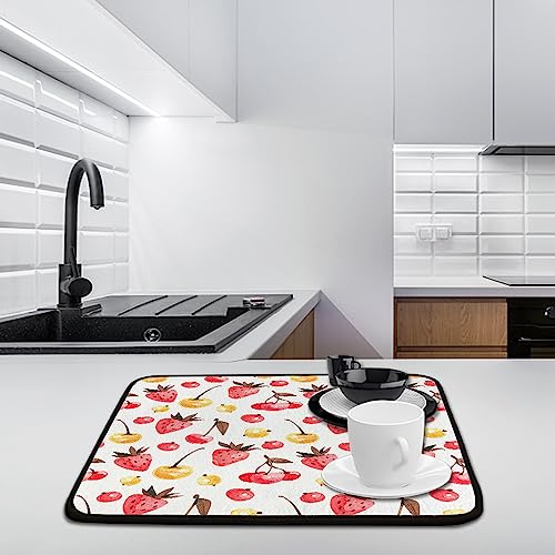 Strawberries Cute Cherry Fruit Drying Mat for Kitchen Art Dishes Pad Dish Drainer Rack Mats Absorbent Fast Dry Kitchen Accessories (18''x24'')