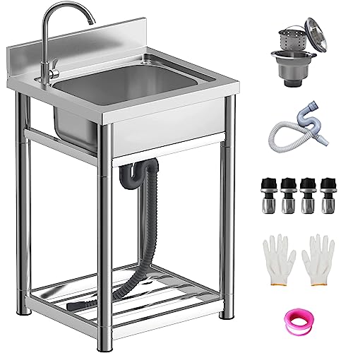 Free Standing Utility Sink, single Bowl Kitchen Sink Outdoor Sink Station, with Hot and Cold Faucet Drain Basket, Shelf, Towel Bar, for Garage, Laundry Room, Outdoor (21 Inch)