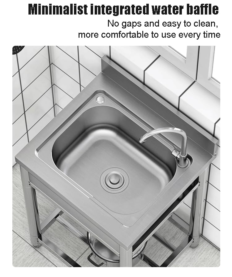 Free Standing Utility Sink, single Bowl Kitchen Sink Outdoor Sink Station, with Hot and Cold Faucet Drain Basket, Shelf, Towel Bar, for Garage, Laundry Room, Outdoor (21 Inch)