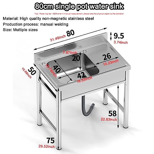 304 Stainless Stee Commercial Restaurant Sink 80cm Small Stainless Steel Sink Outdoor Sink Station With Hose, Stainless Steel Prep & Utility Sink for Restaurant, Kitchen, Outdoor