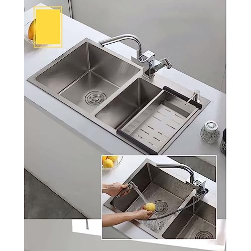 Kitchen Double Sink, 304 Stainless Steel Thickened Sink，with Pull-out Faucet and Spray Faucet，Drain Basket,Wash Basin