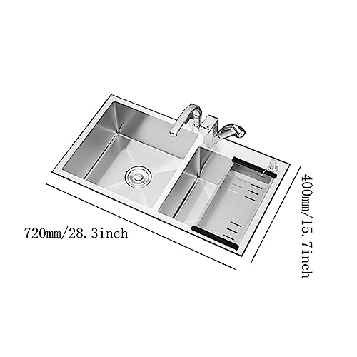 Kitchen Double Sink, 304 Stainless Steel Thickened Sink，with Pull-out Faucet and Spray Faucet，Drain Basket,Wash Basin