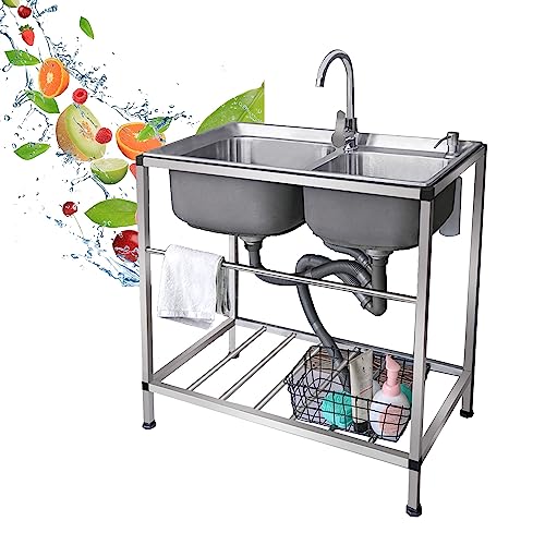 Outdoor Sink Station,Stainless Steel Utility Kitchen Sink,Garden Sink,Commercial Restaurant Sink,Farmhouse Sink,Portable Freestanding Double Bowls Sink,for Backyard,Garage,Laundry Room (Color : Hot+C