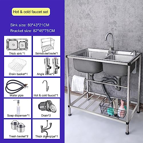 Outdoor Sink Station,Stainless Steel Utility Kitchen Sink,Garden Sink,Commercial Restaurant Sink,Farmhouse Sink,Portable Freestanding Double Bowls Sink,for Backyard,Garage,Laundry Room (Color : Hot+C