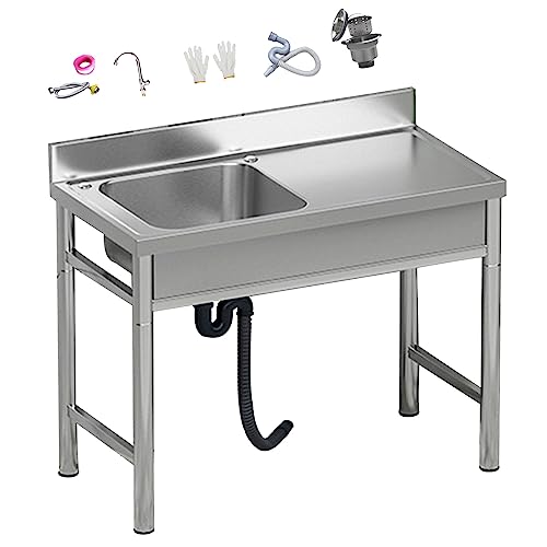 Freestanding Stainless Steel Sink Utility Sink, Single Bowl Commercial Kitchen Sink w/Workbench, Stainless Steel Prep & Industrial Sink for Restaurant, Cafe, Bar, Hotel, Garage, Laundry Room