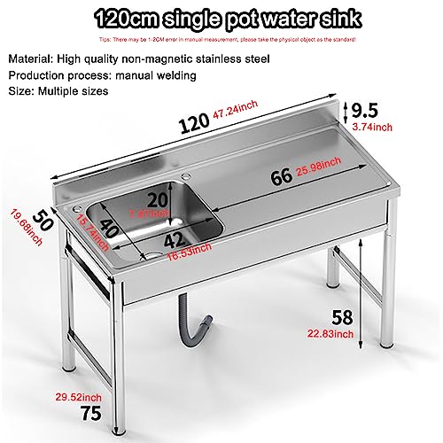 Commercial Restaurant Sink, Freestanding Stainless Steel Sink, Single Bowl Commercial Kitchen Sink w/Workbench, Stainless Steel Prep & Utility Sink for Restaurant, Kitchen, Outdoor