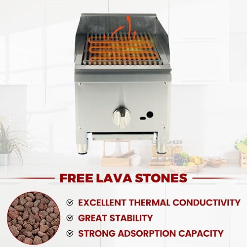 Hipopller 12" Commercial Charbroilers with Lava Rock, Heavy Duty Natural/Propane Gas Single Burners, Stainless Steel Countertop Portable BBQ Grill Cooking Equipment Griddle Restaurant - 28000 BTU