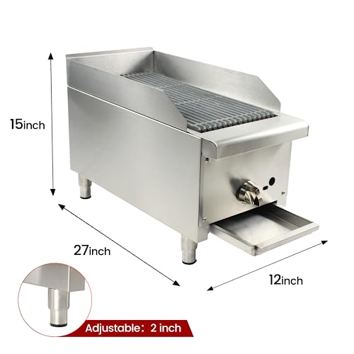 Hipopller 12" Commercial Charbroilers with Lava Rock, Heavy Duty Natural/Propane Gas Single Burners, Stainless Steel Countertop Portable BBQ Grill Cooking Equipment Griddle Restaurant - 28000 BTU