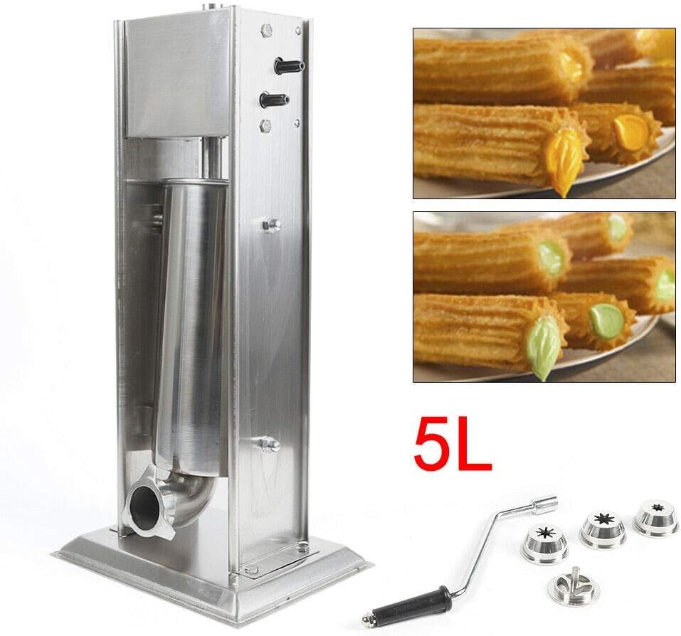 Commercial Churros Maker, Heavy Duty Waffle Makers, 5L Stainless Steel Manual Spanish Donut Churrera Machine with 4pcs Nozzles for Home Restaurants Cafeterias Bakeries