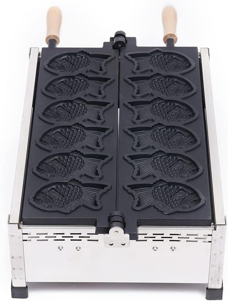 Taiyaki Making Machine, Commercial Japanese Fish Waffle Maker Baker, 6 PCS Nonstick Waffle Iron Baker Machine, Double-Sided Heating Cone Waffle Maker, Shell Baker Machine for Snack Bars