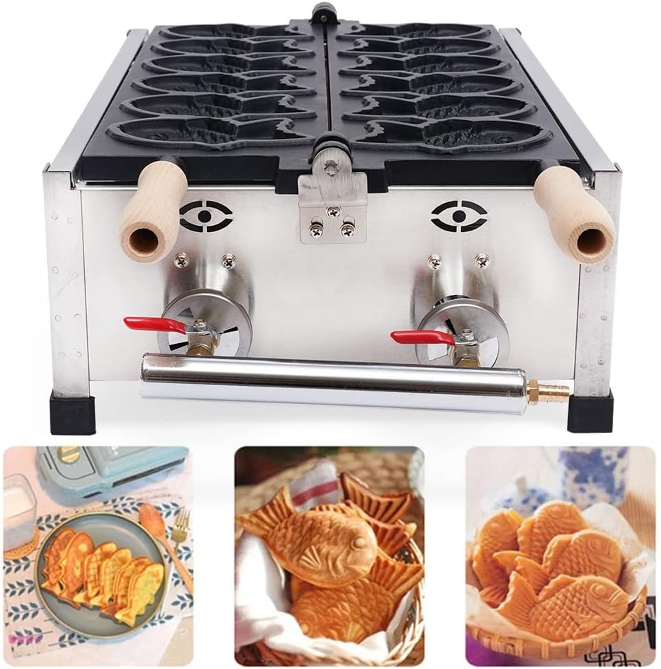 Taiyaki Making Machine, Commercial Japanese Fish Waffle Maker Baker, 6 PCS Nonstick Waffle Iron Baker Machine, Double-Sided Heating Cone Waffle Maker, Shell Baker Machine for Snack Bars