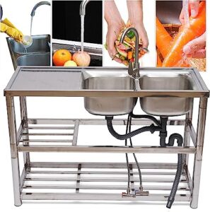 2 compartment stainless steel utility sink, commercial sink basin w/faucet, free standing utility sink for home garage restaurant laundry room, size 120x45x80cm 47.2x17.7x31.5in