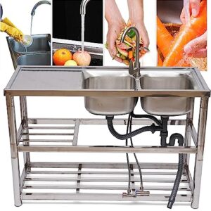 2 Compartment Stainless Steel Utility Sink, Commercial Sink Basin w/Faucet, Free Standing Utility Sink For Home Garage Restaurant Laundry Room, Size 120x45x80cm 47.2x17.7x31.5in