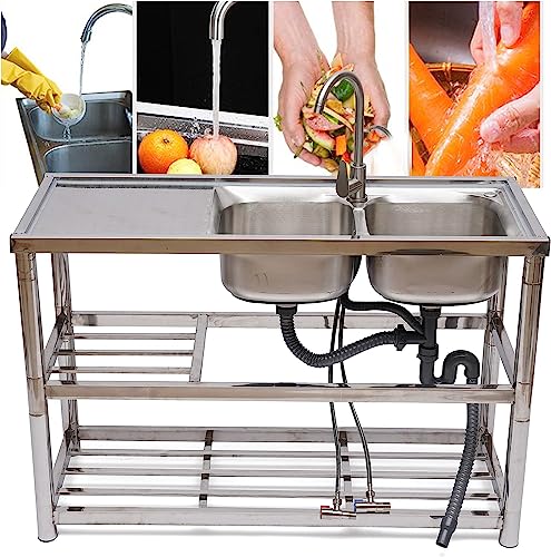 2 Compartment Stainless Steel Utility Sink, Commercial Sink Basin w/Faucet, Free Standing Utility Sink For Home Garage Restaurant Laundry Room, Size 120x45x80cm 47.2x17.7x31.5in