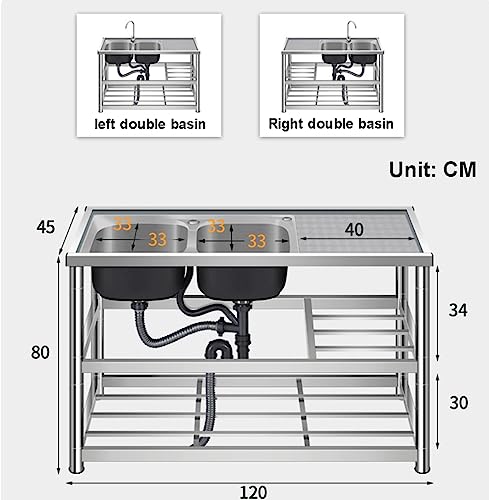 2 Compartment Stainless Steel Utility Sink, Commercial Sink Basin w/Faucet, Free Standing Utility Sink For Home Garage Restaurant Laundry Room, Size 120x45x80cm 47.2x17.7x31.5in