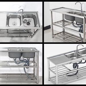 Commercial Kitchen Sink 304 Stainless Steel Sink w/Compartment Free Standing Utility Sink Size 120x45x80cm 47.2x17.7x31.5in for Restaurant, Kitchen (2 bowls)