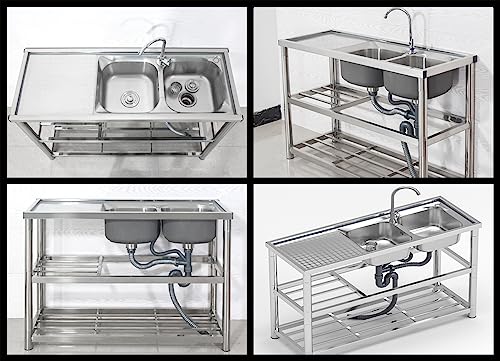 Commercial Kitchen Sink 304 Stainless Steel Sink w/Compartment Free Standing Utility Sink Size 120x45x80cm 47.2x17.7x31.5in for Restaurant, Kitchen (2 bowls)