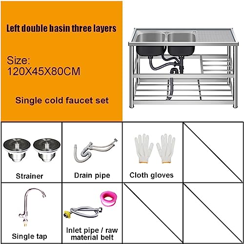 Commercial Kitchen Sink 304 Stainless Steel Sink w/Compartment Free Standing Utility Sink Size 120x45x80cm 47.2x17.7x31.5in for Restaurant, Kitchen (2 bowls)