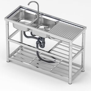 Commercial Kitchen Sink 304 Stainless Steel Sink w/Compartment Free Standing Utility Sink Size 120x45x80cm 47.2x17.7x31.5in for Restaurant, Kitchen (2 bowls)