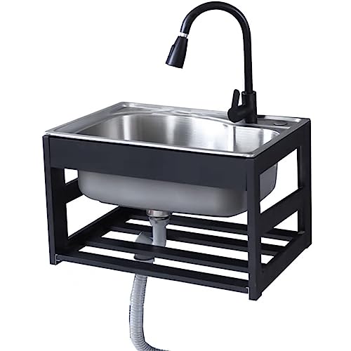 ZTGL Stainless Steel Commercial Sink Single Bowl Wall Mount Sink Rectangular with Pull-out Faucet and Storage Shelves Free Standing Utility Sink for Restaurant Kitchen Laundry Garage,58x43cm