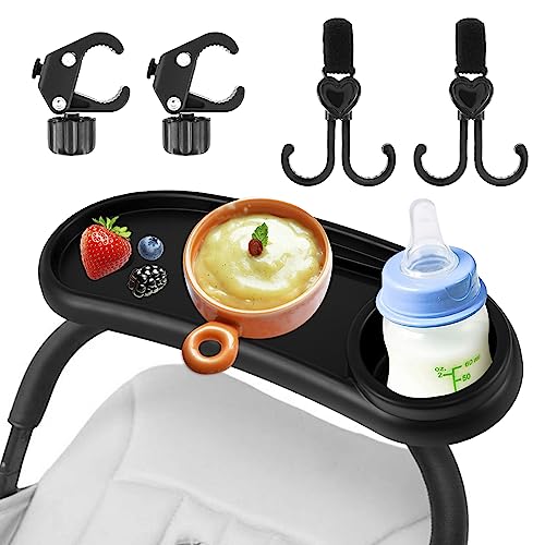 Stroller Snack Tray with Cup Holder Universal Stroller Food Tray Removable, Non-Slip Grip Clip for Stroller Bar Reusable Stroller Snacks Holder for Strollers with Round Armrests (A)