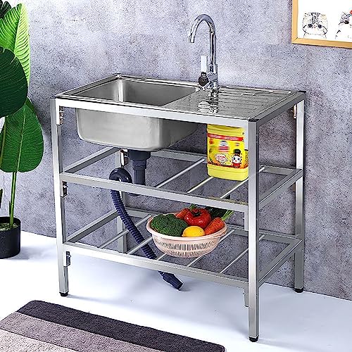 Single Bowl Kitchen Sinks, Stainless Steel Utility Sink, Free-standing Kitchen Sink, Single Bowl with Single cold faucet, Durable Utility Washing Hand Basin With Workbench, For Indoor Outdoor