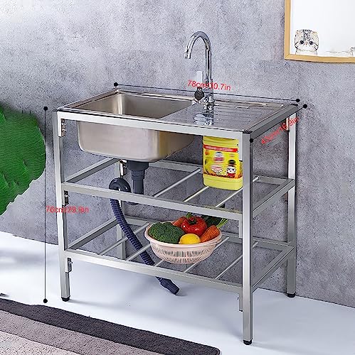 Single Bowl Kitchen Sinks, Stainless Steel Utility Sink, Free-standing Kitchen Sink, Single Bowl with Single cold faucet, Durable Utility Washing Hand Basin With Workbench, For Indoor Outdoor