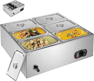 kfjzgzz electric food warmer 6 pots, commercial countertop stainless steel buffet wet well sauce food warmer steam table temperature control range 30-85°c with covers, drain tap