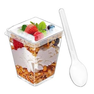 wiaregom 50pack 5oz square plastic dessert cups with lids and spoons,clear parfait appetizer cups for tasting party desserts fruit birthday party