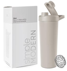 simple modern stainless steel shaker bottle with ball 24oz | metal insulated cup for protein mixes, shakes and pre workout | rally collection | almond birch