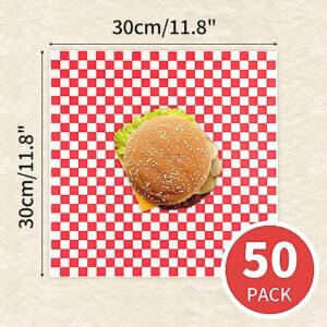 COIDEA 50 Sheets Deli Paper 12" x 12" Food Basket Liners, Pre Cut Deli Sandwich Wrappers, Grease Proof Red Checkered Food Baskets Paper for Wrapping Bread, Party, Picnic, Festival or BBQ