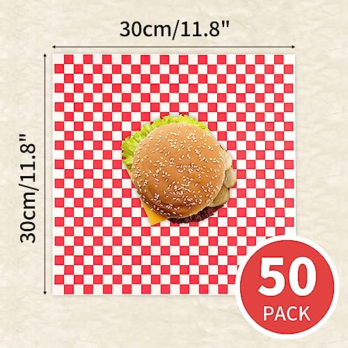 COIDEA 50 Sheets Deli Paper 12" x 12" Food Basket Liners, Pre Cut Deli Sandwich Wrappers, Grease Proof Red Checkered Food Baskets Paper for Wrapping Bread, Party, Picnic, Festival or BBQ