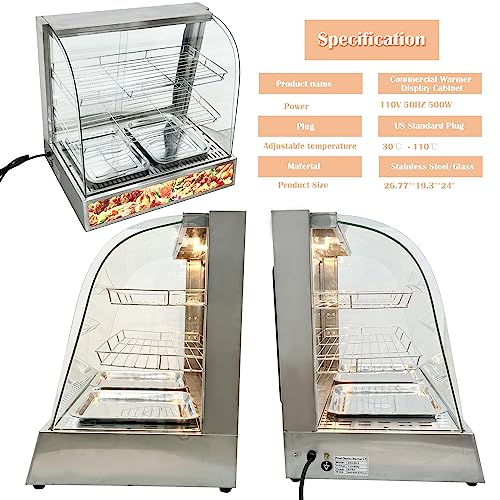 HQHAOTWU Commercial Food Warmer Display Electric Stainless Egg Tart Pizza Food Display Case with Lamp 3-Tier Countertop Pastry Warmer Temperature Adjustable 30-110℃/86-230℉110V